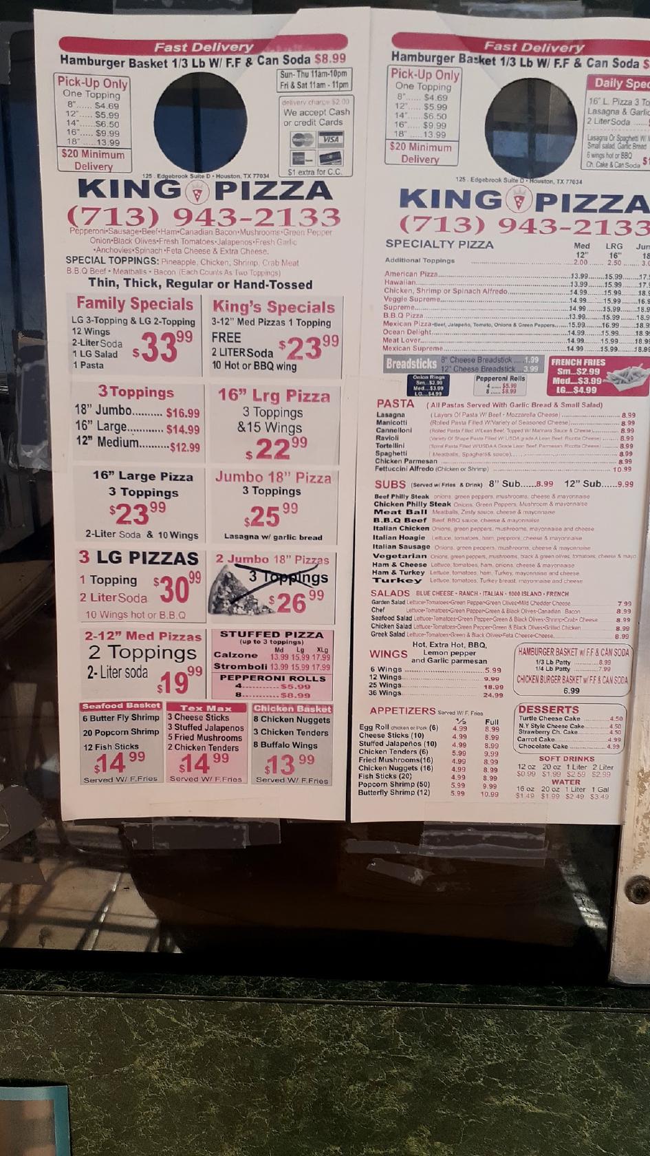 Carta de pizzería King Pizza, Houston
