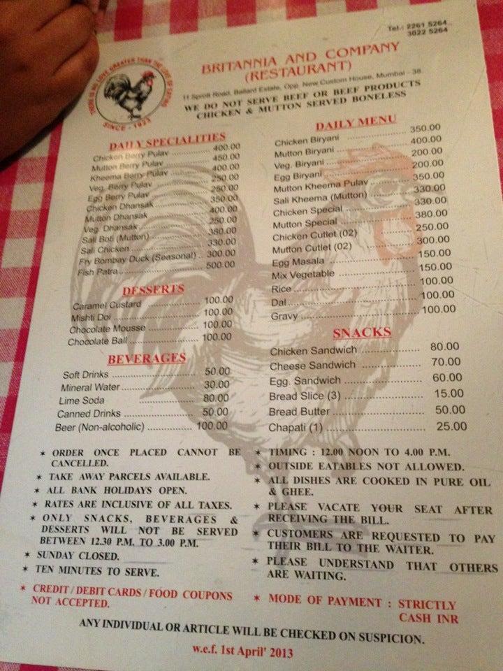 Menu at Britannia & Company, Mumbai