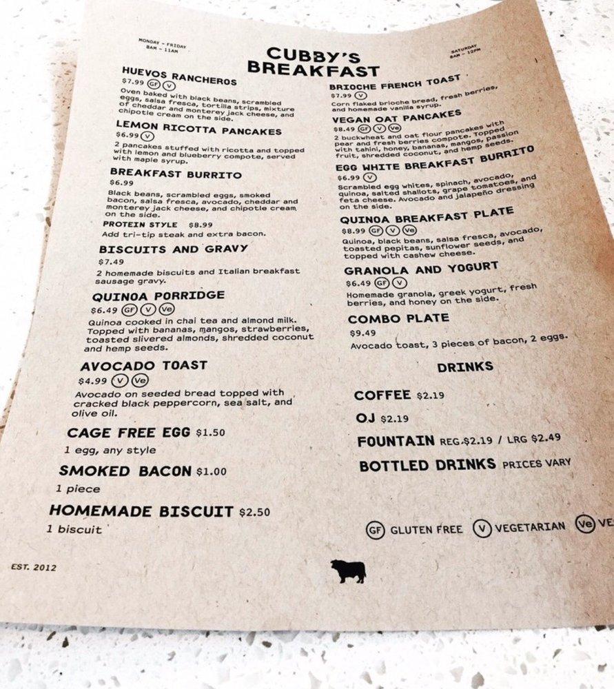 Menu at Cubby's restaurant, Draper