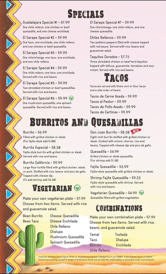 Menu at El Sarape restaurant, Yadkinville