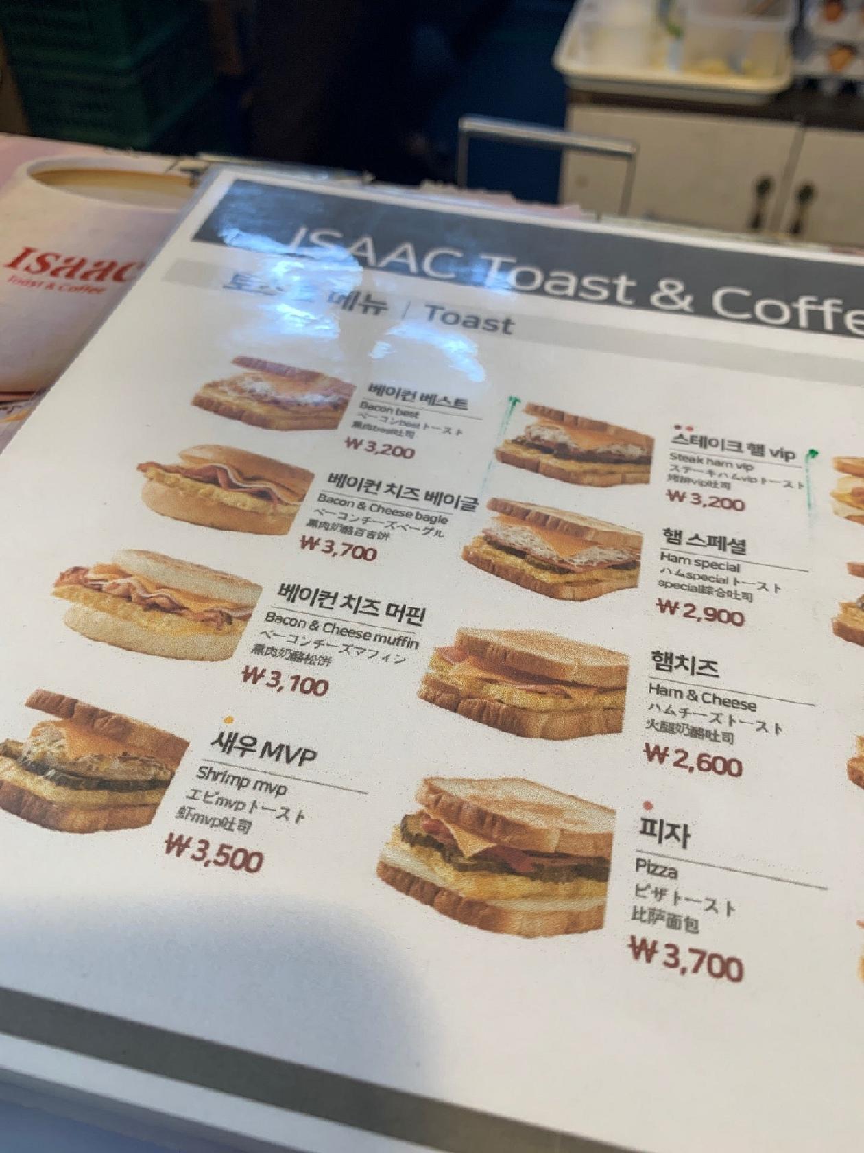 Menu at Isaac Toast & Coffee Myeongdong restaurant, Seoul, 105 Toegye-ro