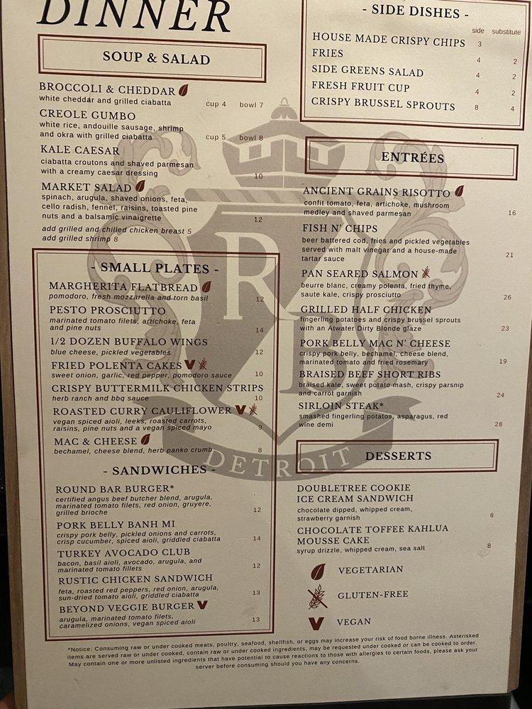 Menu at Round Bar, Detroit