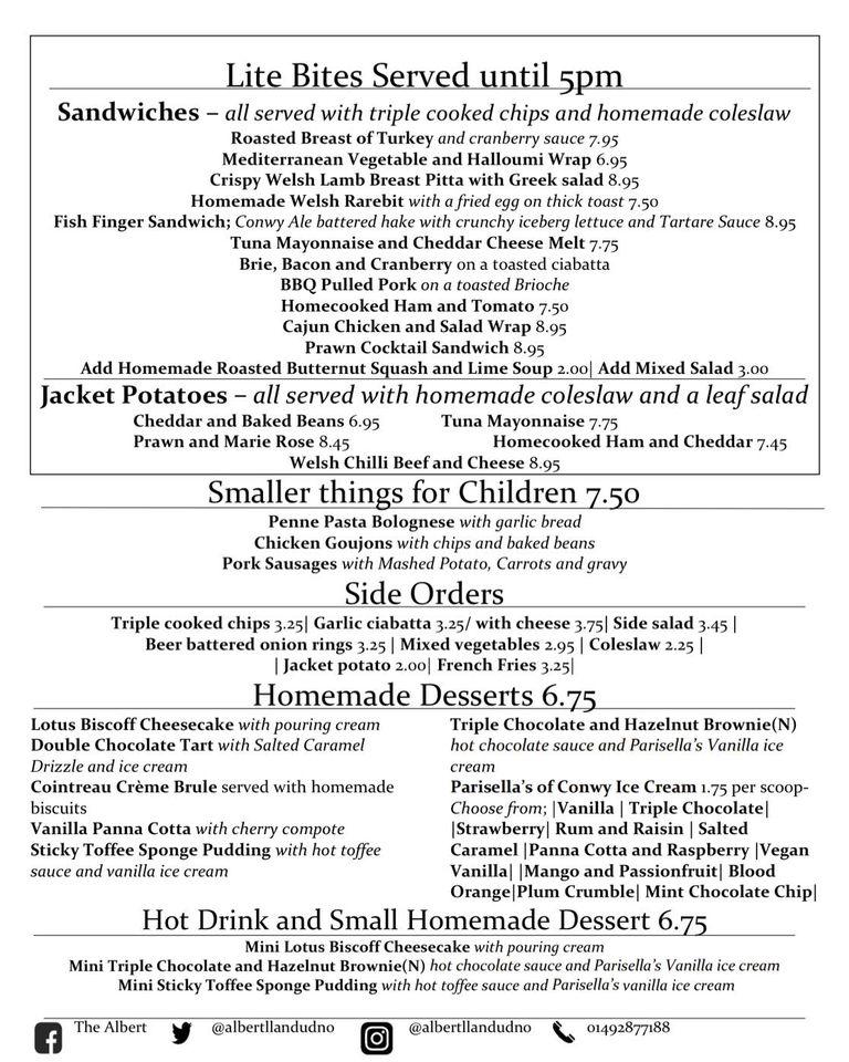 Menu at The Albert pub & bar, Llandudno