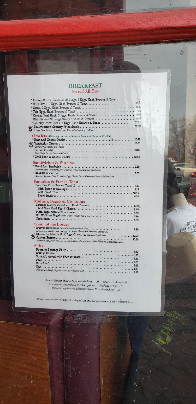 Menu at Anna's Canyon Cafe, Williams