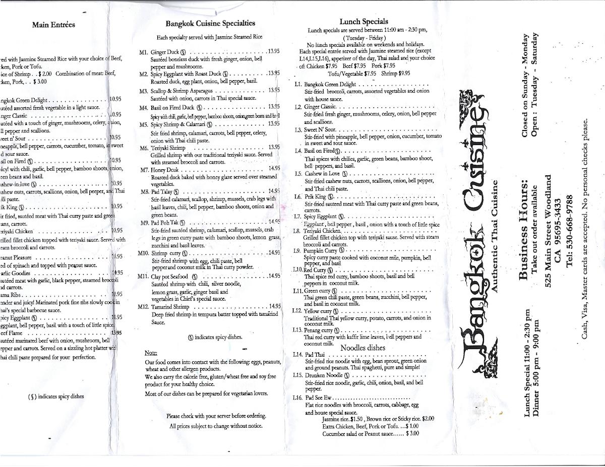 Menu at Bangkok Cuisine restaurant, Woodland