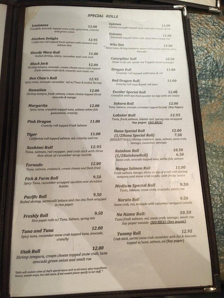 Menu at Hana Japanese Restaurant, New Orleans