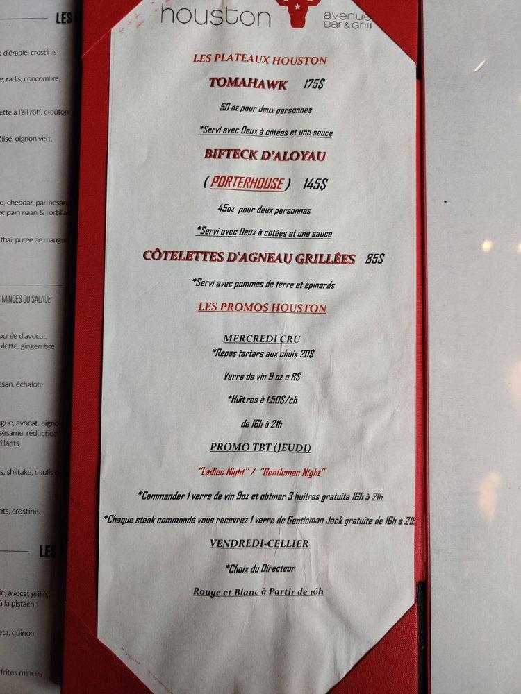 Menu at Houston Avenue Bar & Grill, Laval, Av. Pierre-Péladeau