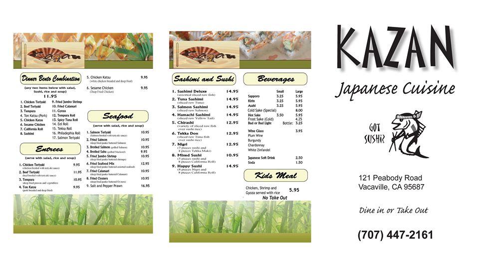 Menu at Kazan Japanese Cuisine & Sushi Bar, Vacaville