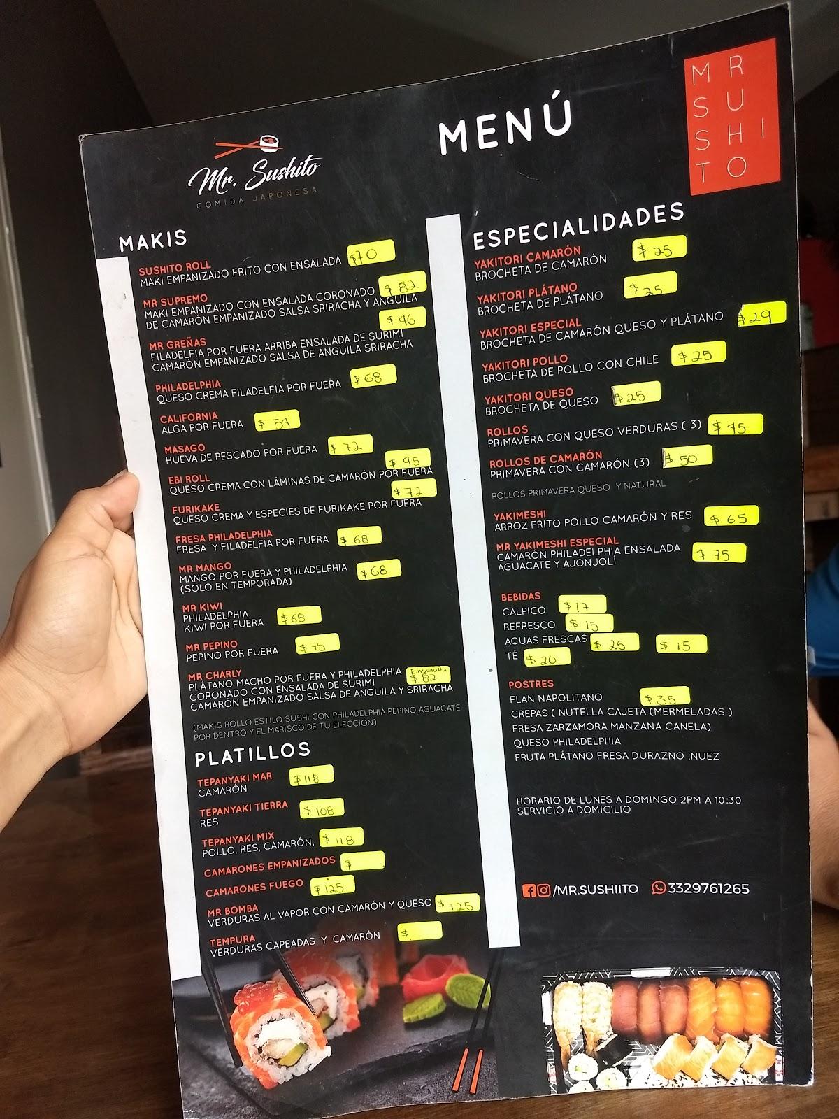 Menu at Mr. Sushito restaurant, Tlaquepaque