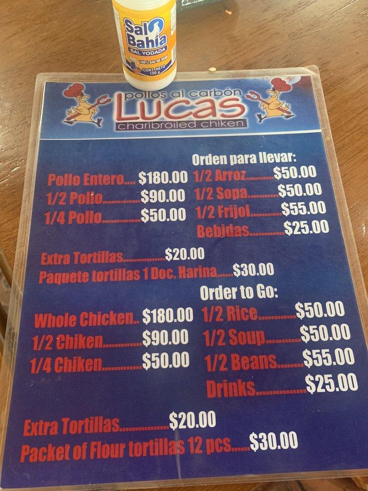 Menu at Pollos Lucas restaurant, Puerto Peñasco, Benito Juarez Blvd