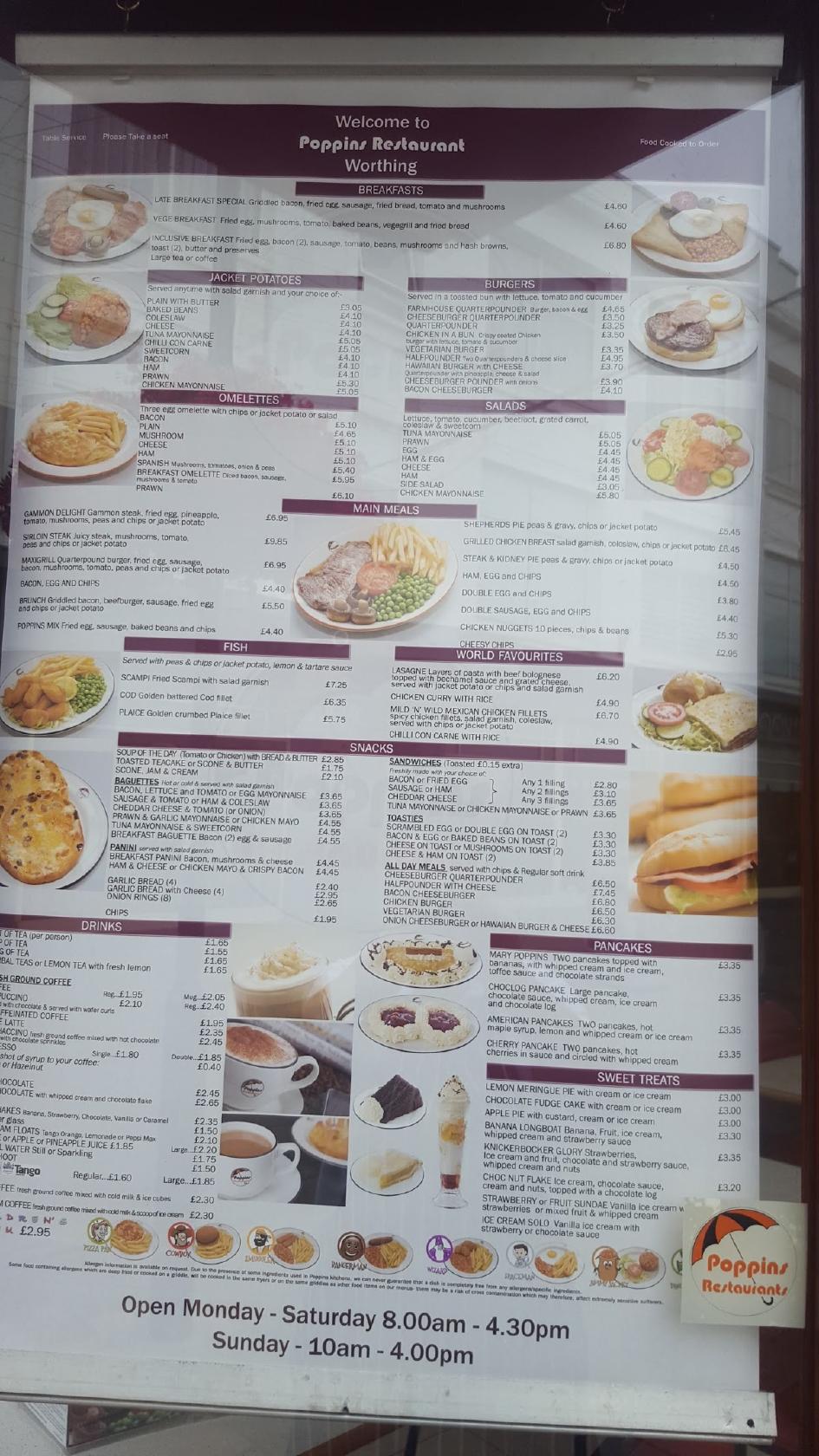 Menu at Poppins Worthing restaurant, Worthing