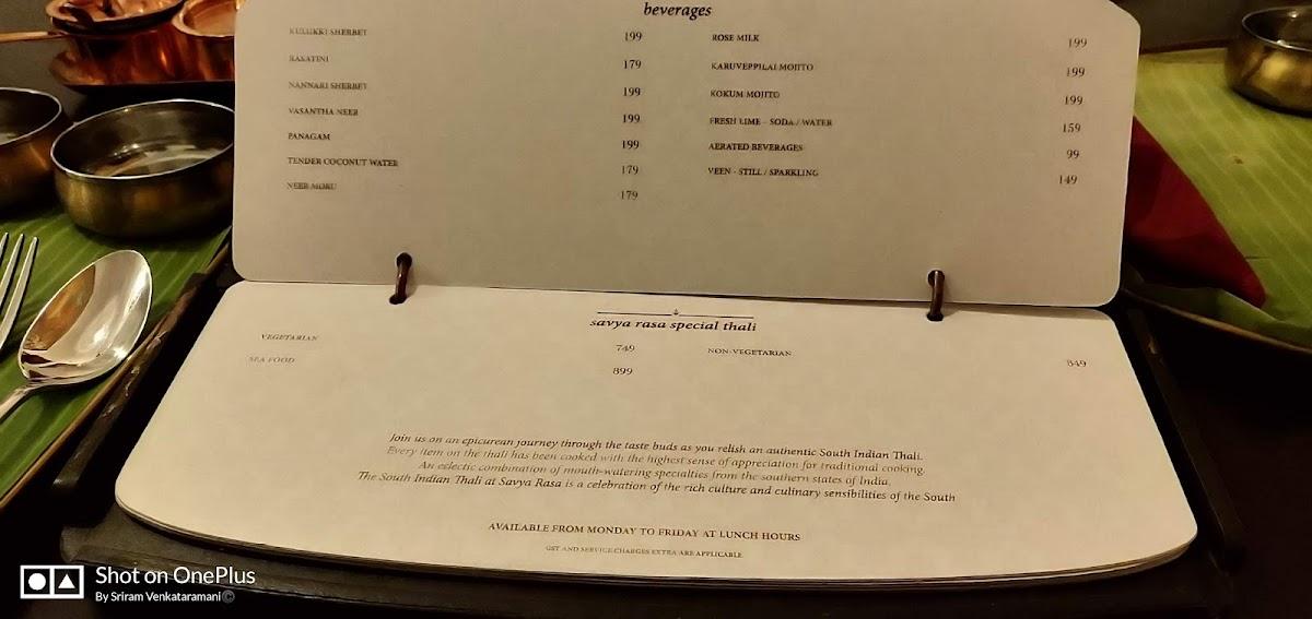Menu at Savya Rasa, Chennai