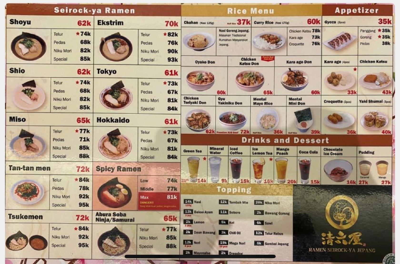 Menu at Sheirockya Ramen restaurant, South Jakarta