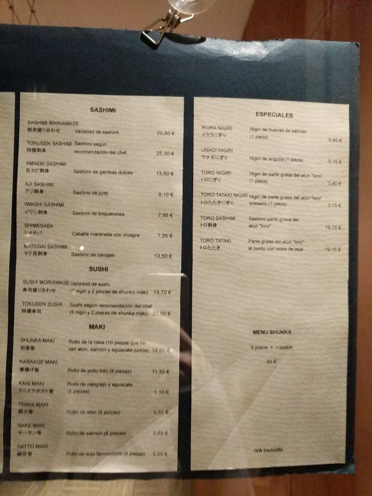 Carta del restaurante Shunka, Barcelona