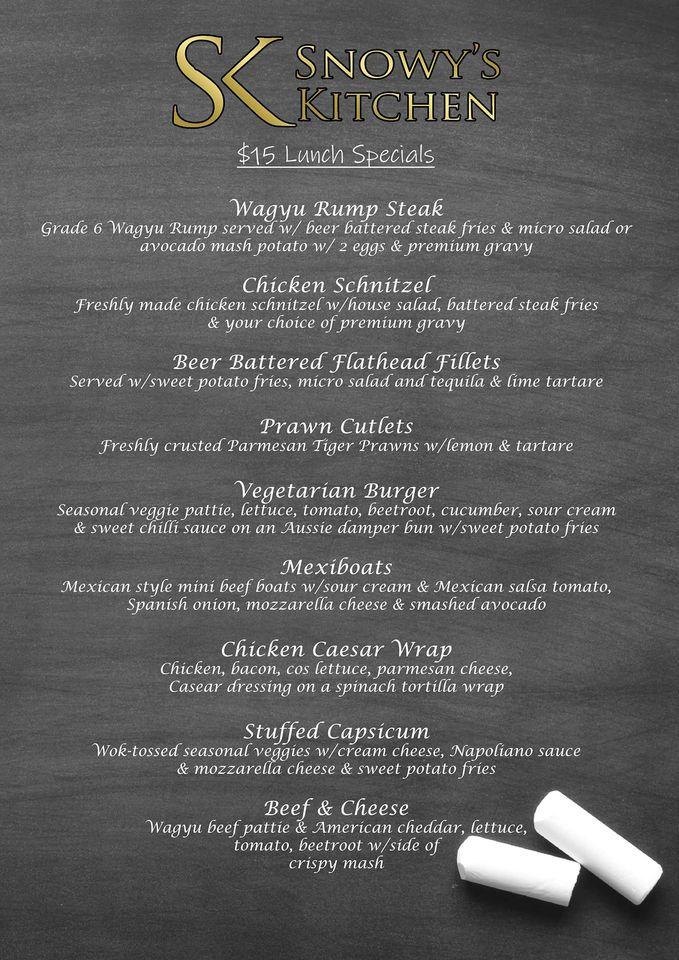 Menu at Snowy's Kitchen restaurant, Bateau Bay