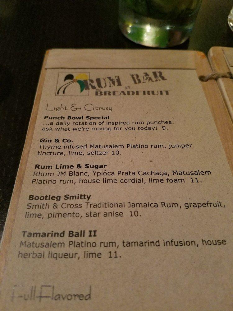 Menu at The Breadfruit restaurant, Phoenix