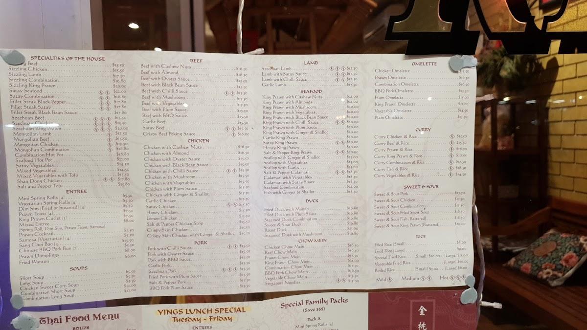 Menu at Ying's Chinese & Thai Restaurant, Lismore