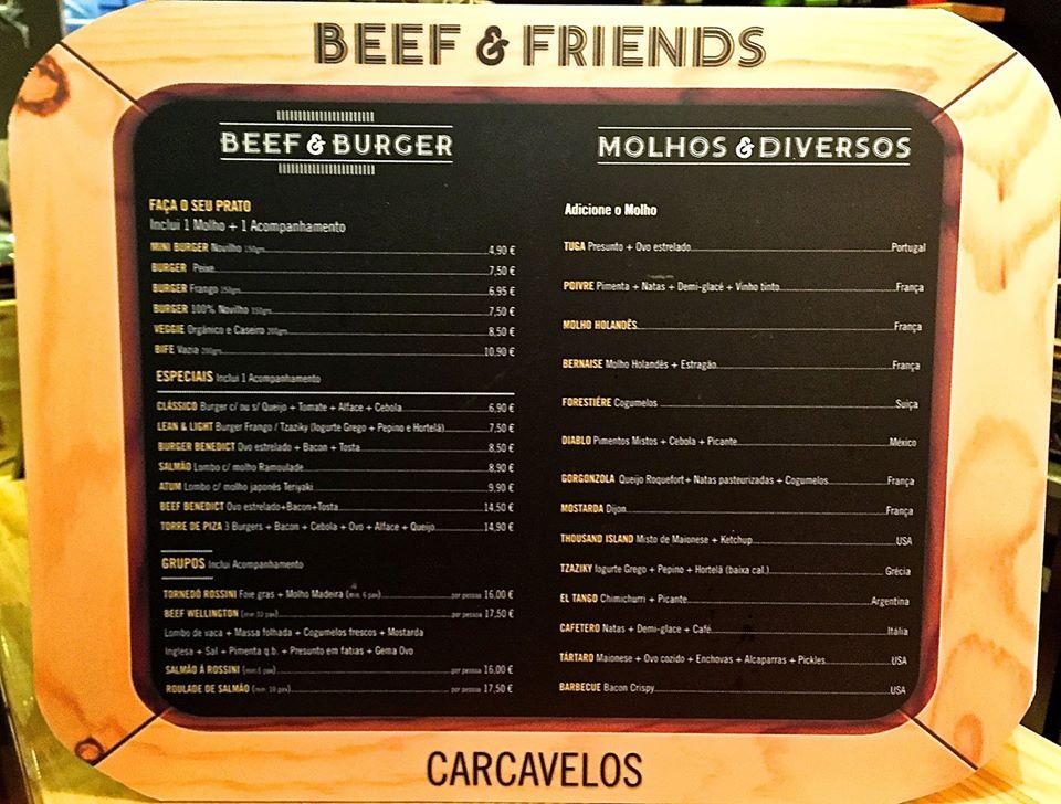 Menu at Beef & Friends restaurant, Carcavelos