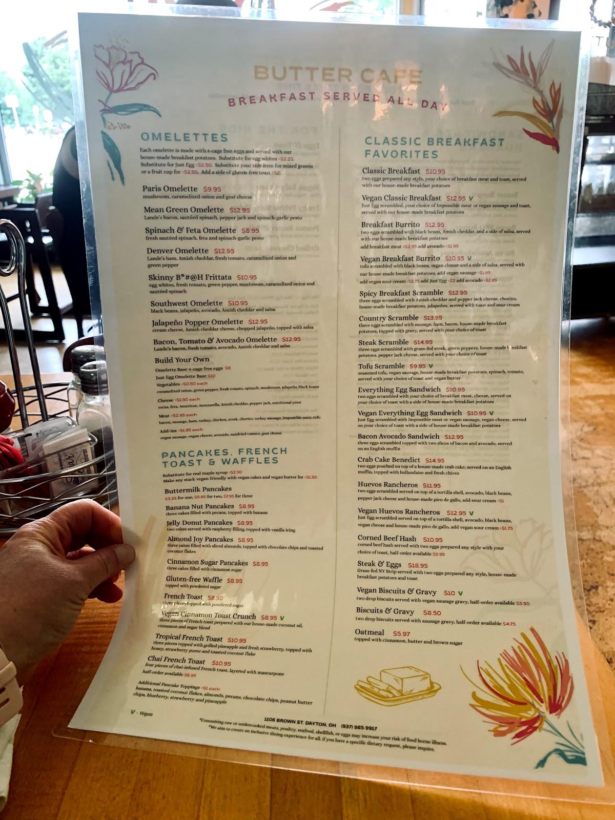 Menu at Butter Cafe, Dayton