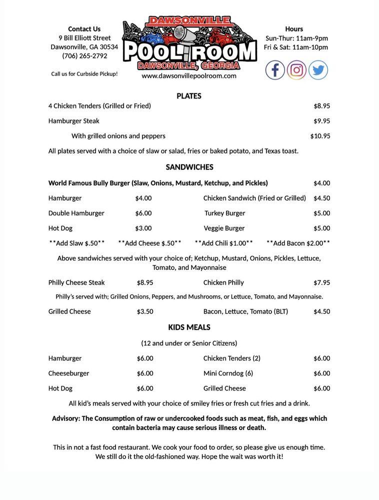 Menu at Dawsonville Pool Room restaurant, Dawsonville