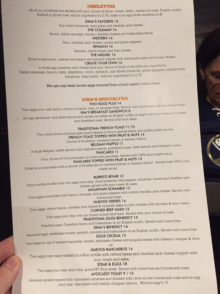 Menu at Dina's restaurant, Ellicottville