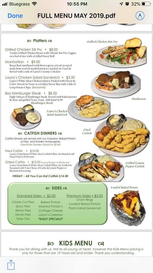 Menu at Laura's Stockyard Cafe, Bowling Green