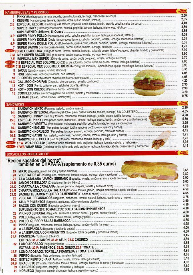 Menu at Pinky Burger restaurant, Azuqueca de Henares