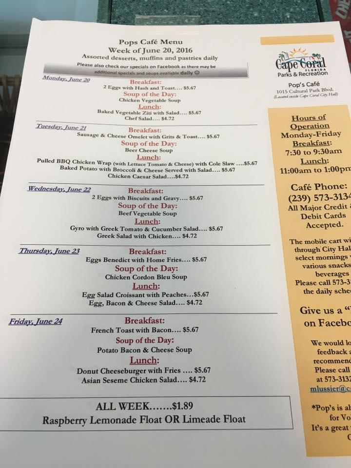 Menu at Pops Cafe, Cape Coral