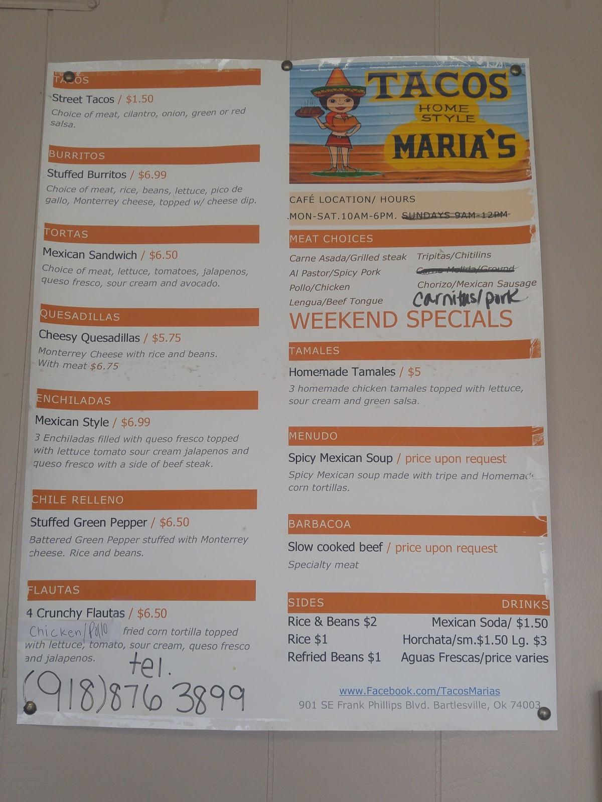 Menu at Tacos Maria restaurant, Bartlesville