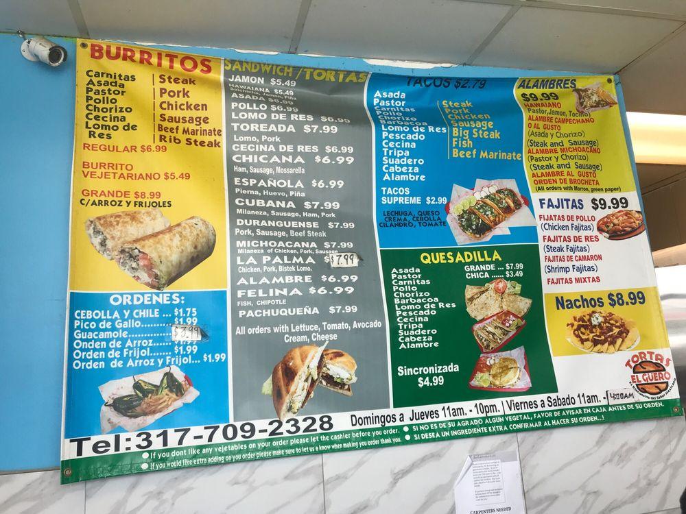 Menu at Tortas El Guero restaurant, Indianapolis, 3818 N High School Rd