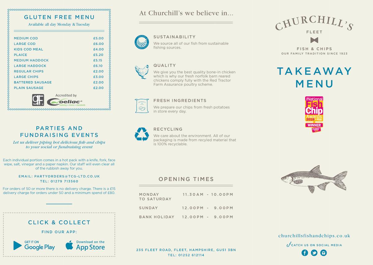 Carta de comida rápida Churchill's Fish & Chips Fleet, Fleet