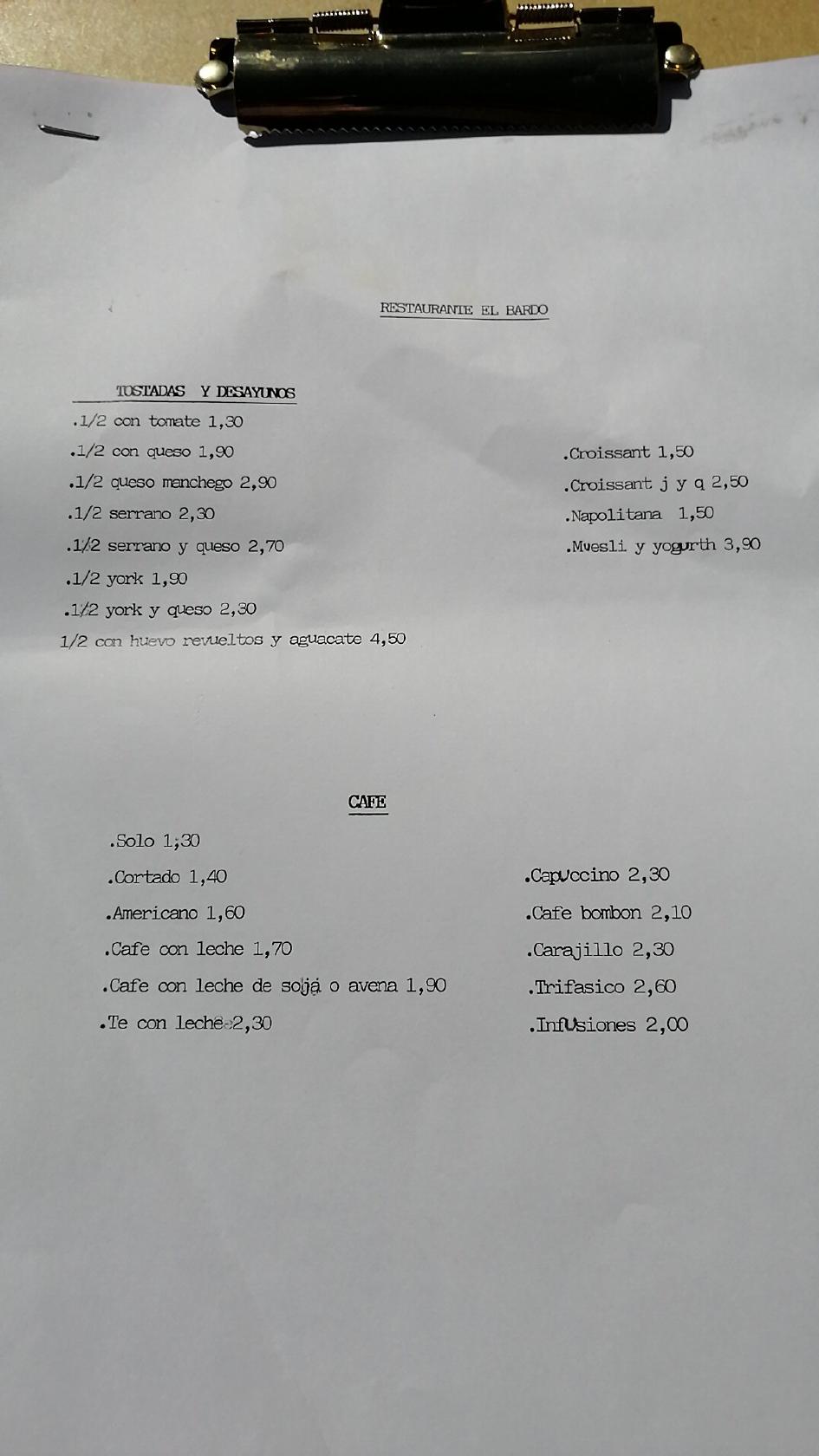 Menu at Restaurante El Bardo, Ibiza