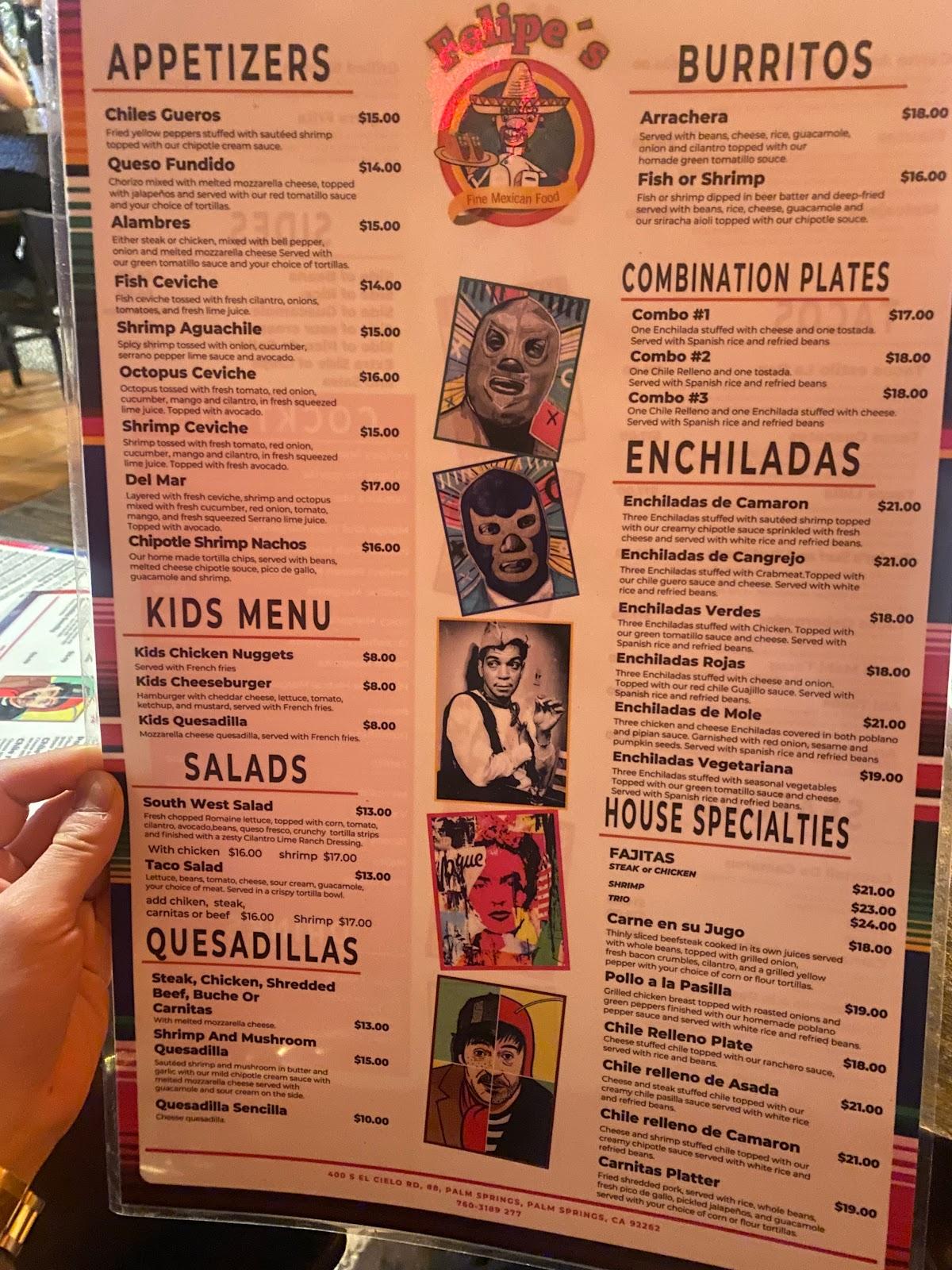 Menu at Felipe's Palm Springs restaurant, Palm Springs
