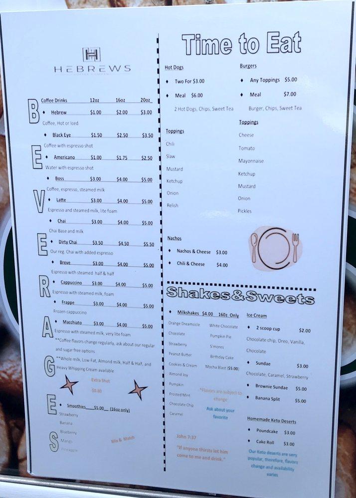 Menu at HEBREWS COFFEE COMPANY cafe, Beckley