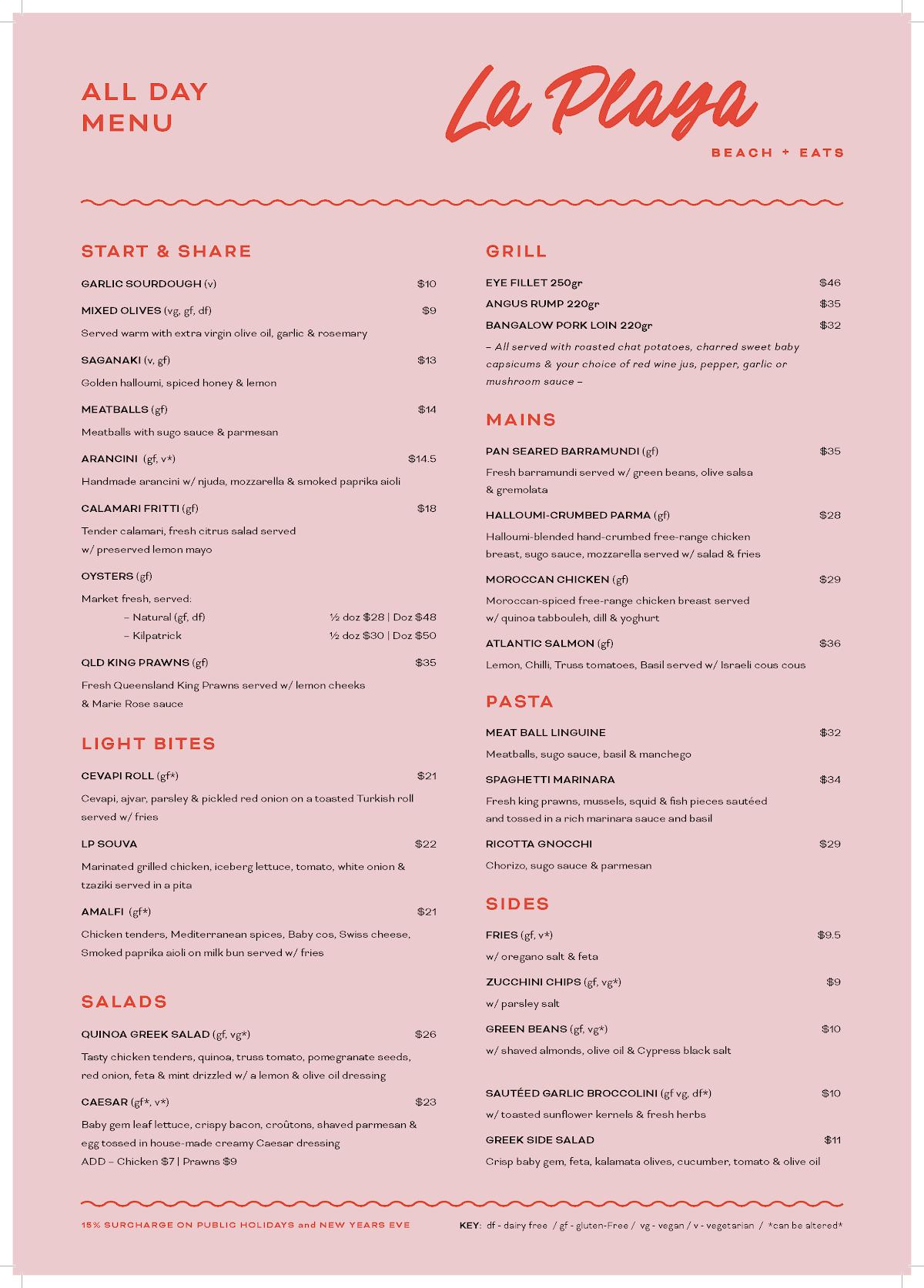 Menu at La Playa Beach and Eats restaurant, Surfers Paradise