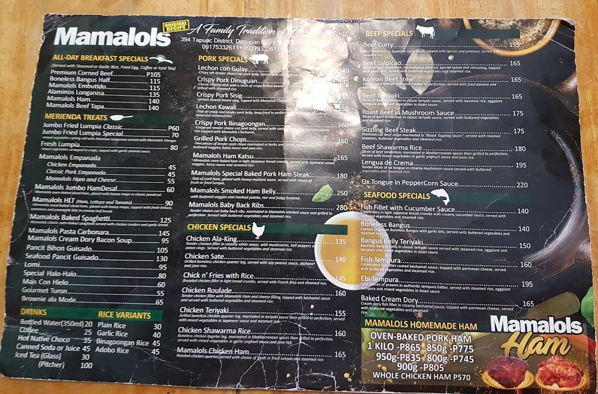 Menu at Mamalol's Dagupan restaurant, Dagupan