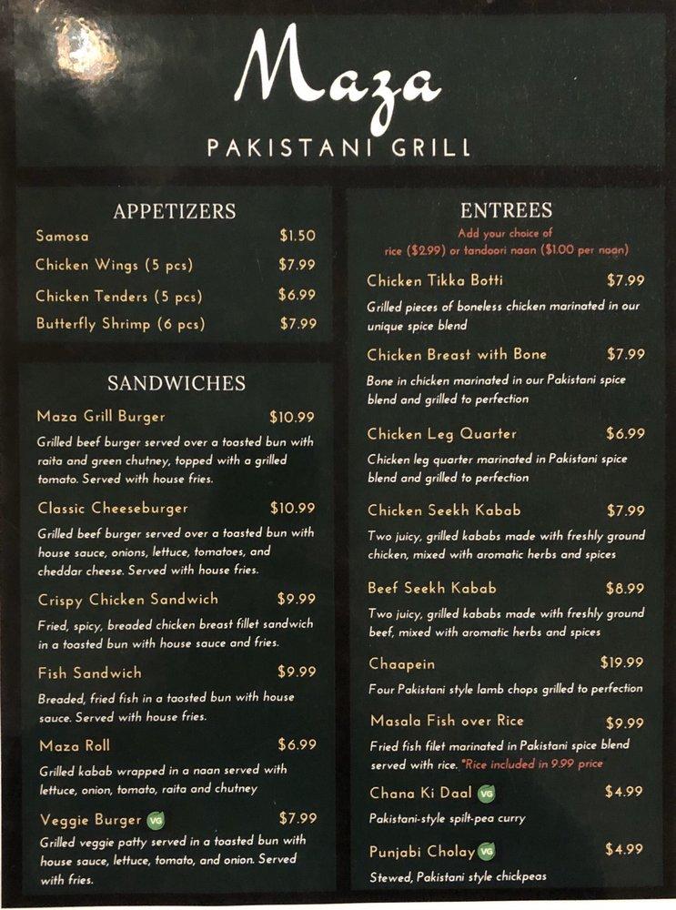 Menu at Maza restaurant, Houston