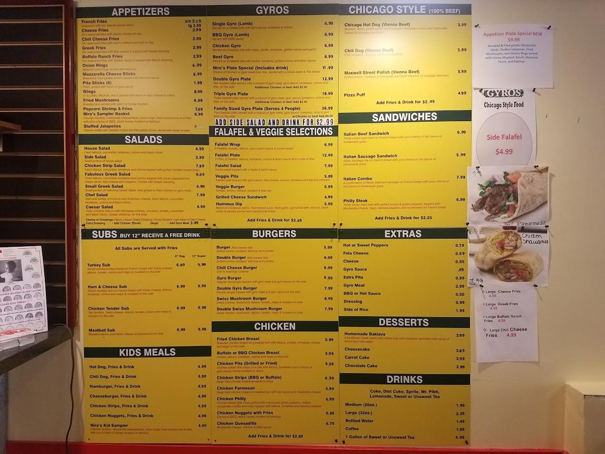 Menu at Niros Gyros restaurant, Knoxville, Cumberland Ave