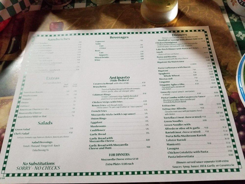 Menu at Renzo's Pizzeria & Trattoria, Kenosha