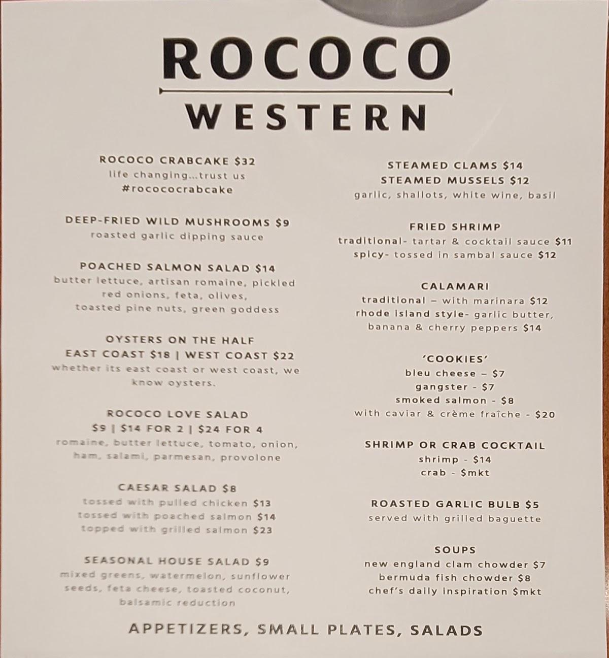 Menu at Rococo on Western restaurant, Oklahoma City, N Western Ave