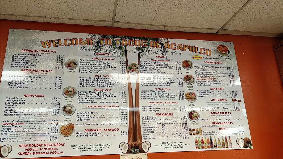 Menu at Tacos De Acapulco Grover Beach restaurant, Grover Beach