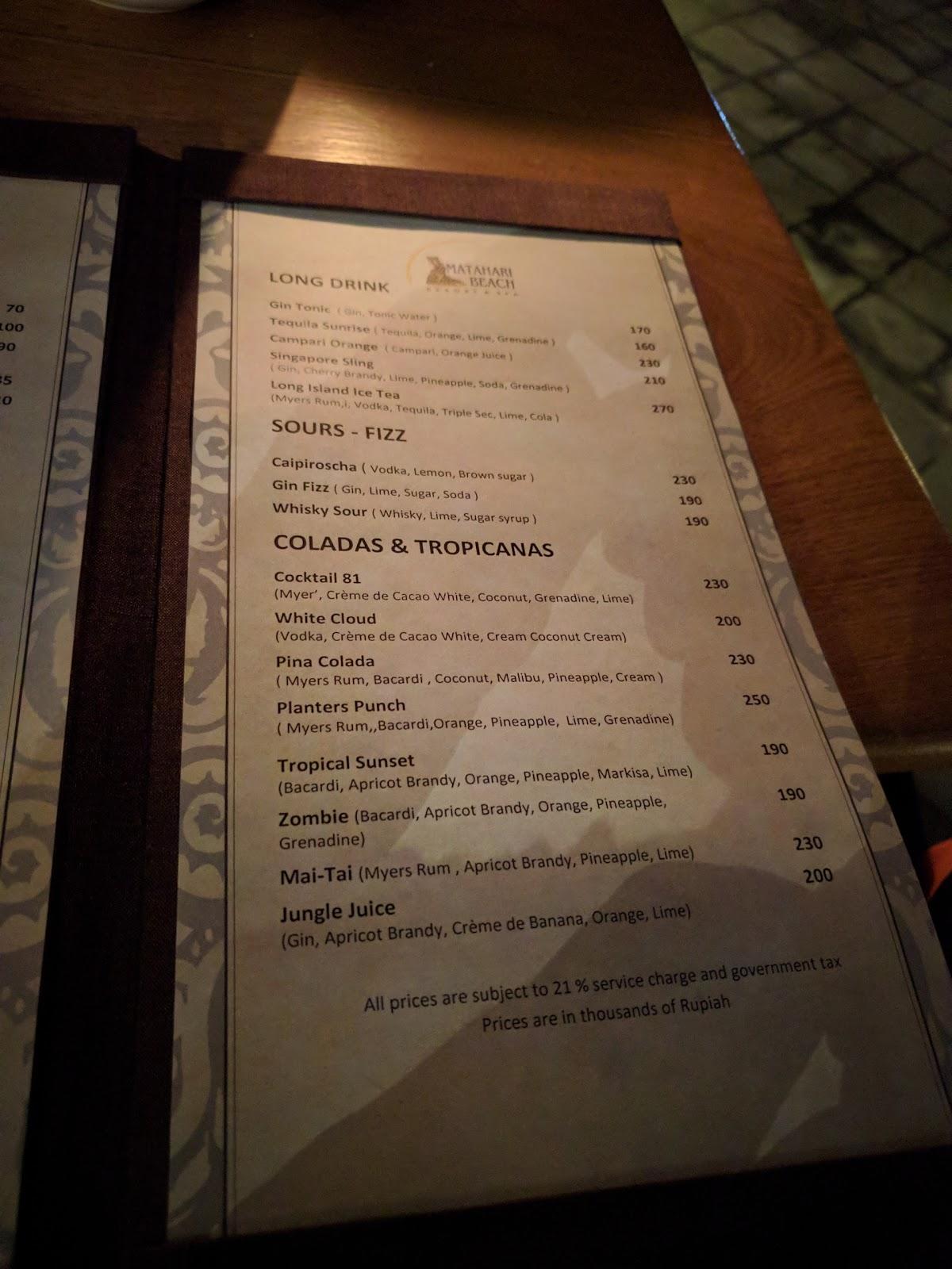 Menu at Wayang Cocktail Bar, Pemuteran