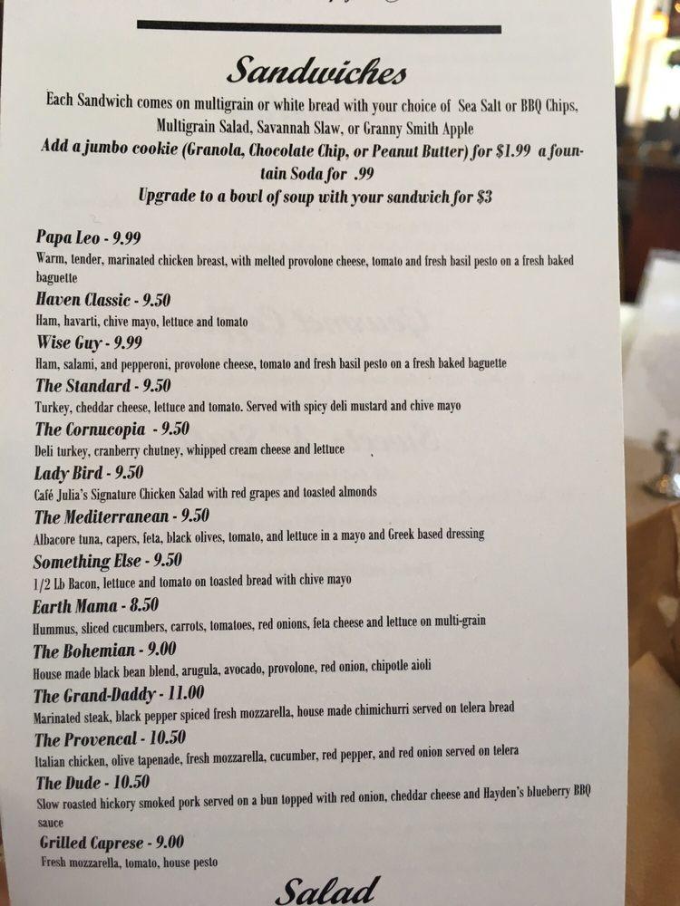 Menu at Cafe Julia, South Haven