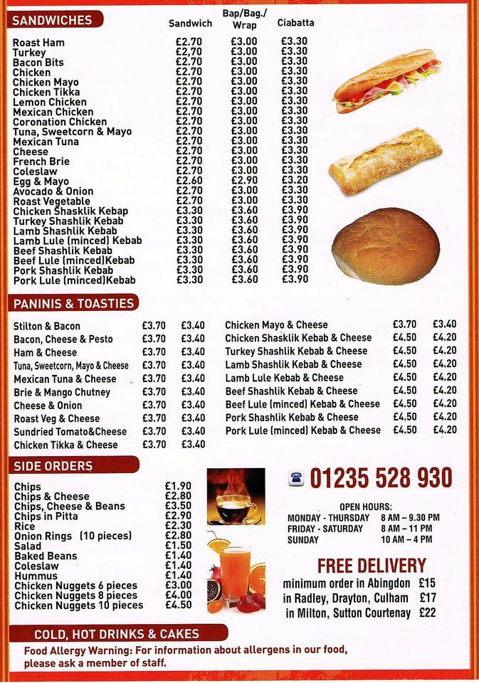 Menu at Crumbs fast food, Abingdon