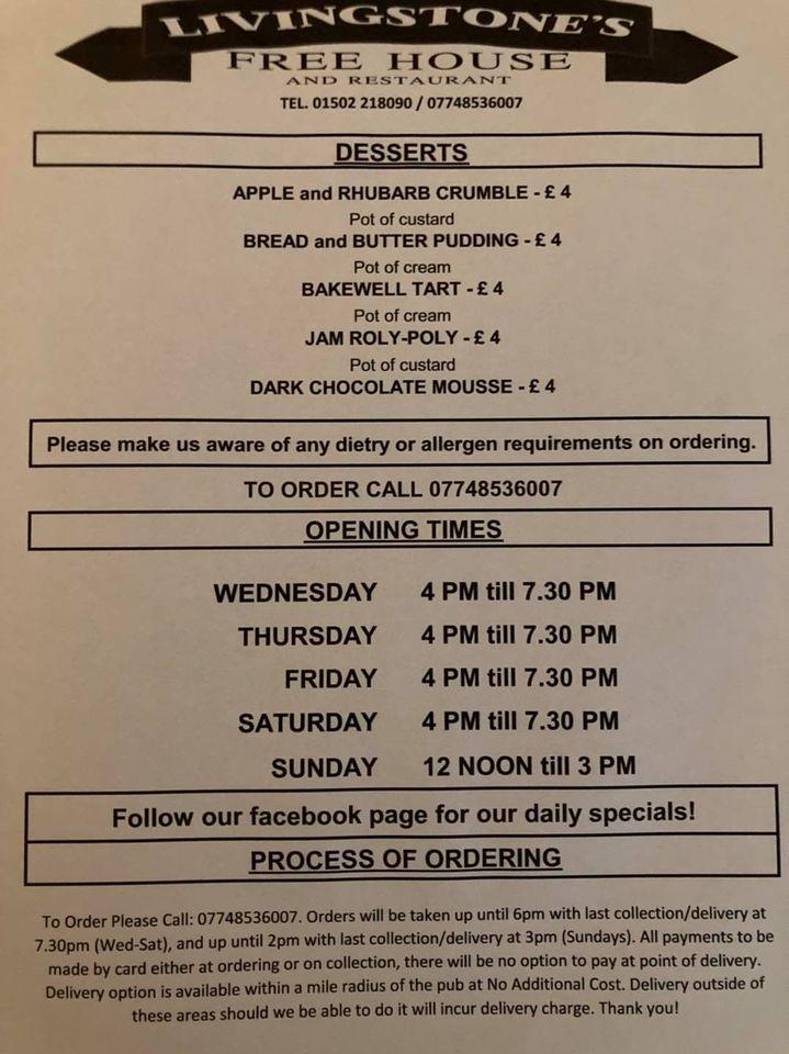 Menu at Livingstone’s restaurant, Kessingland