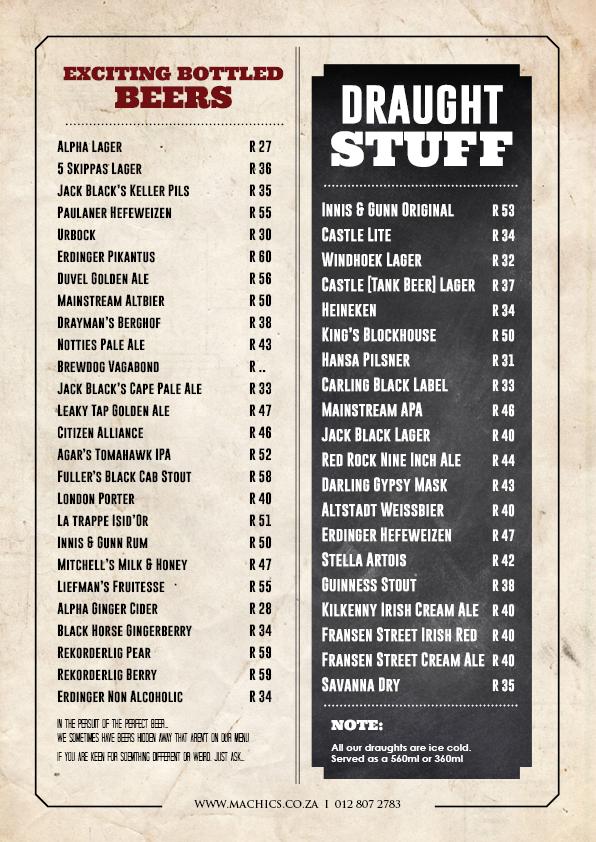 Menu at Machics Restaurant and Alehouse, Pretoria
