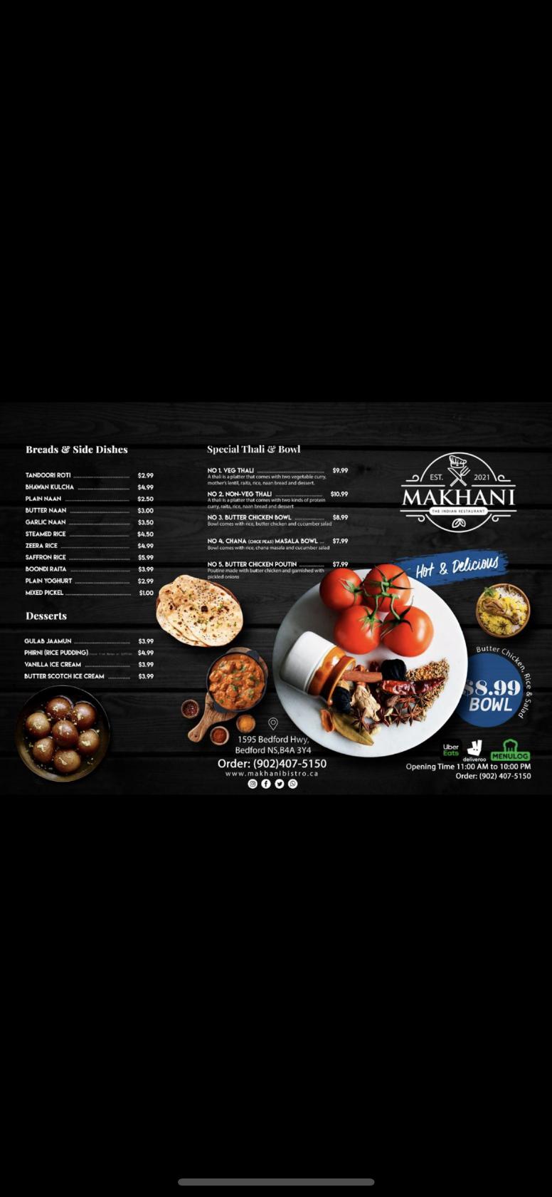 Menu at Makhani Indian restaurant, Bedford