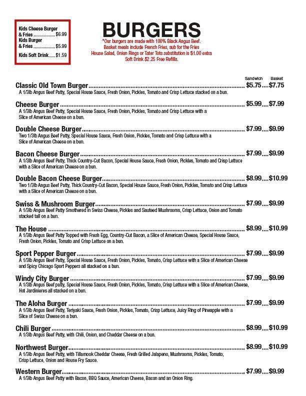 Menu at Old Town Burger & Breakfast restaurant, Battle Ground