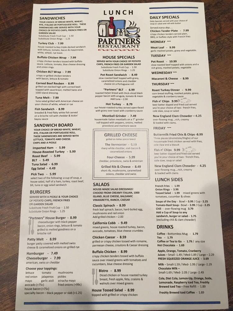 Menu at Partners Restaurant & Catering, Agawam