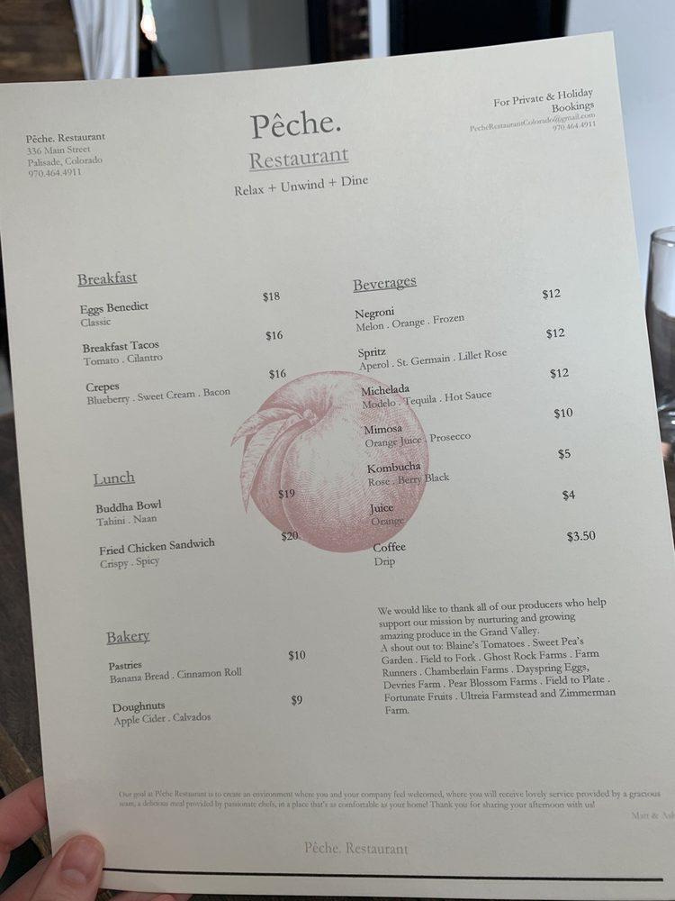Menu at Pêche. Restaurant, Palisade